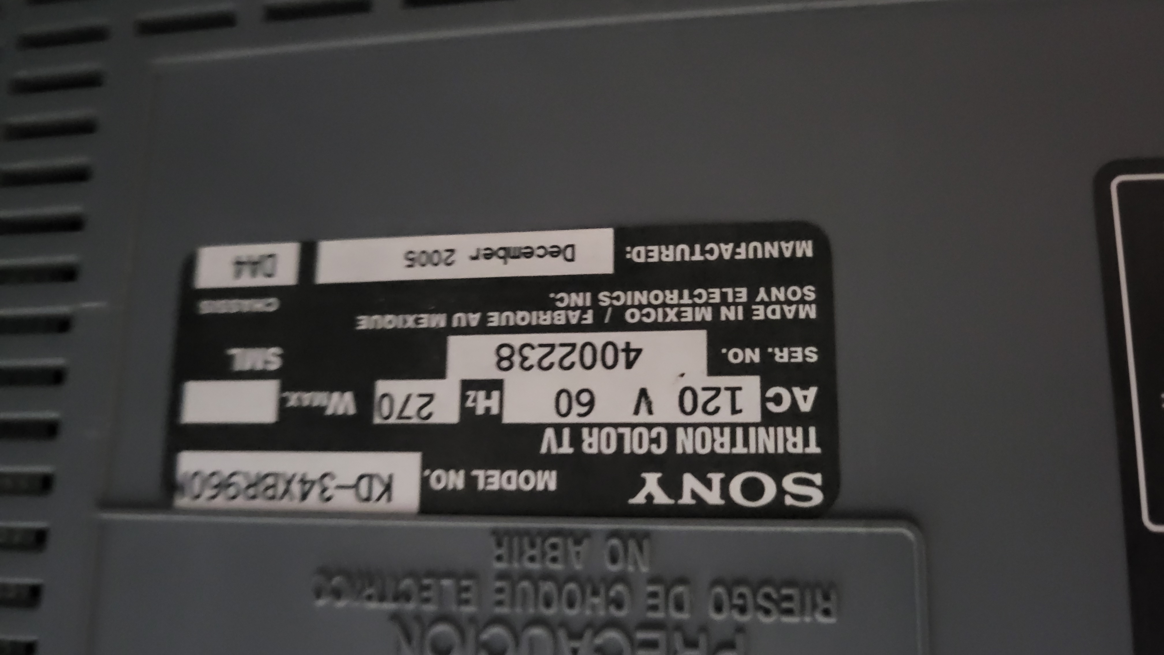 Sony KD-34XBR960N | CRT Database